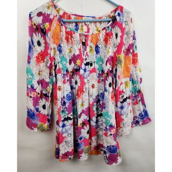 Spense | Tops | Spense Multicolor Floral Print Pleated Boho Flare ...